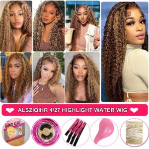 Highlight Ombre 13x4 Lace Front Wig Human Hair Pre Plucked HD Transparent 4/27 Honey Blonde lace frontal Wigs with Baby Hair 180% Density Colored Water Wave Lace Front wig Human Hair for Women 26 inch