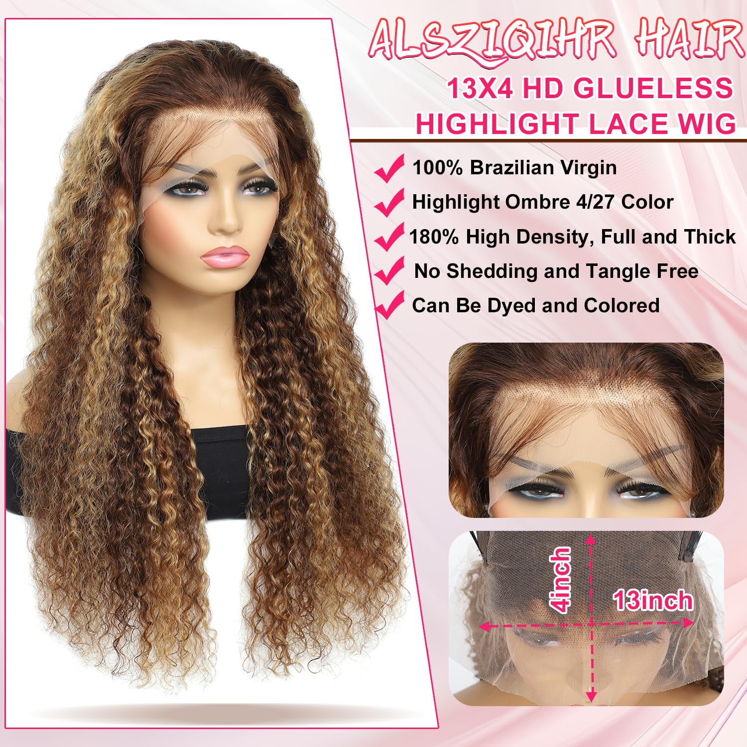 Highlight Ombre 13x4 Lace Front Wig Human Hair Pre Plucked HD Transparent 4/27 Honey Blonde lace frontal Wigs with Baby Hair 180% Density Colored Water Wave Lace Front wig Human Hair for Women 26 inch