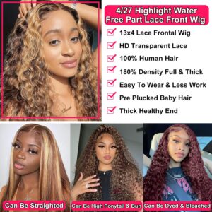 Highlight Ombre 13x4 Lace Front Wig Human Hair Pre Plucked HD Transparent 4/27 Honey Blonde lace frontal Wigs with Baby Hair 180% Density Colored Water Wave Lace Front wig Human Hair for Women 26 inch