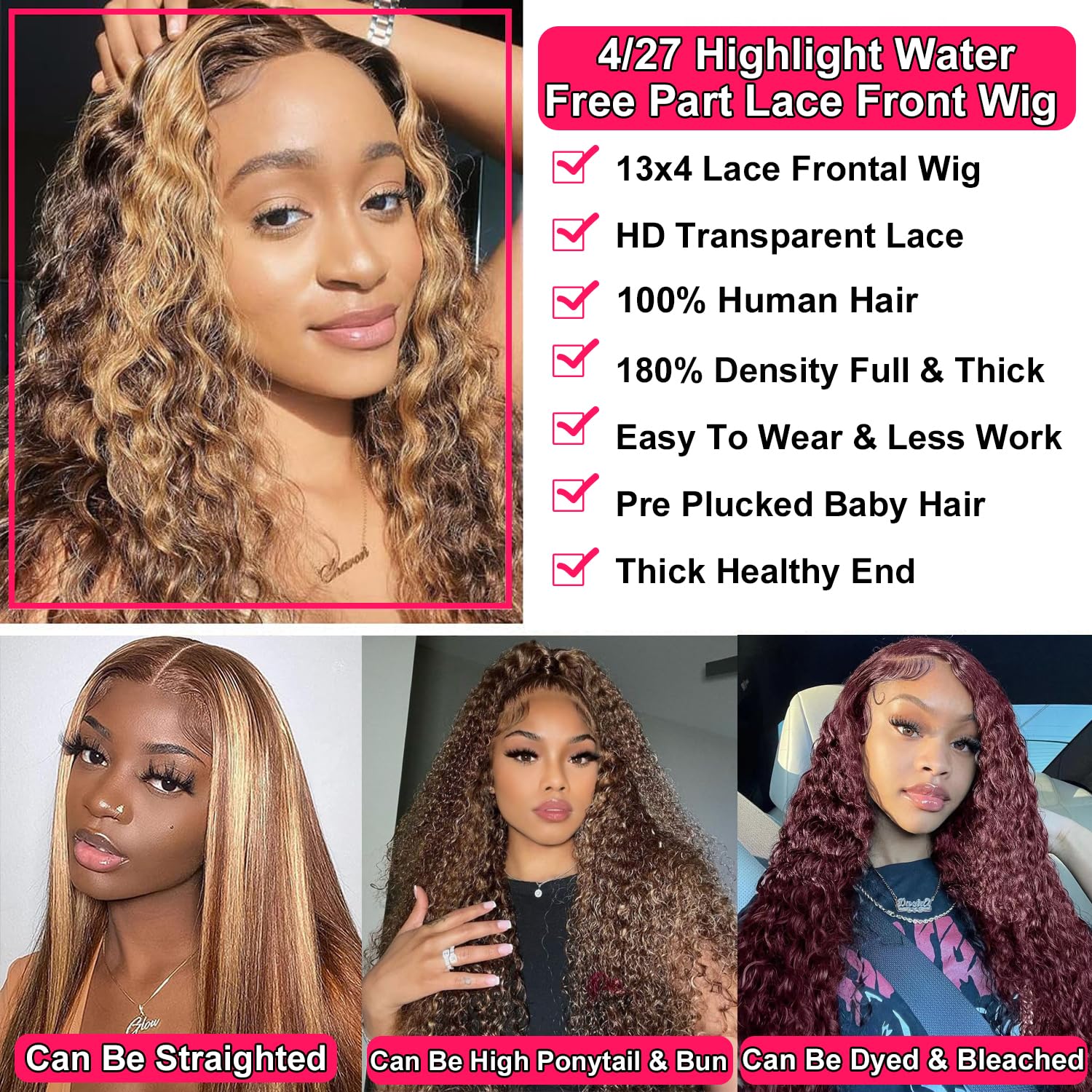 Highlight Ombre 13x4 Lace Front Wig Human Hair Pre Plucked HD Transparent 4/27 Honey Blonde lace frontal Wigs with Baby Hair 180% Density Colored Water Wave Lace Front wig Human Hair for Women 26 inch