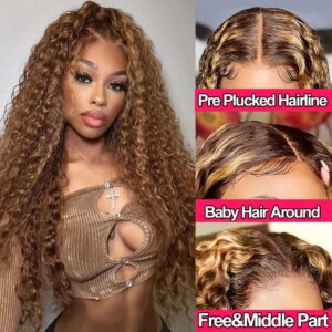 Highlight Ombre 13x4 Lace Front Wig Human Hair Pre Plucked HD Transparent 4/27 Honey Blonde lace frontal Wigs with Baby Hair 180% Density Colored Water Wave Lace Front wig Human Hair for Women 26 inch