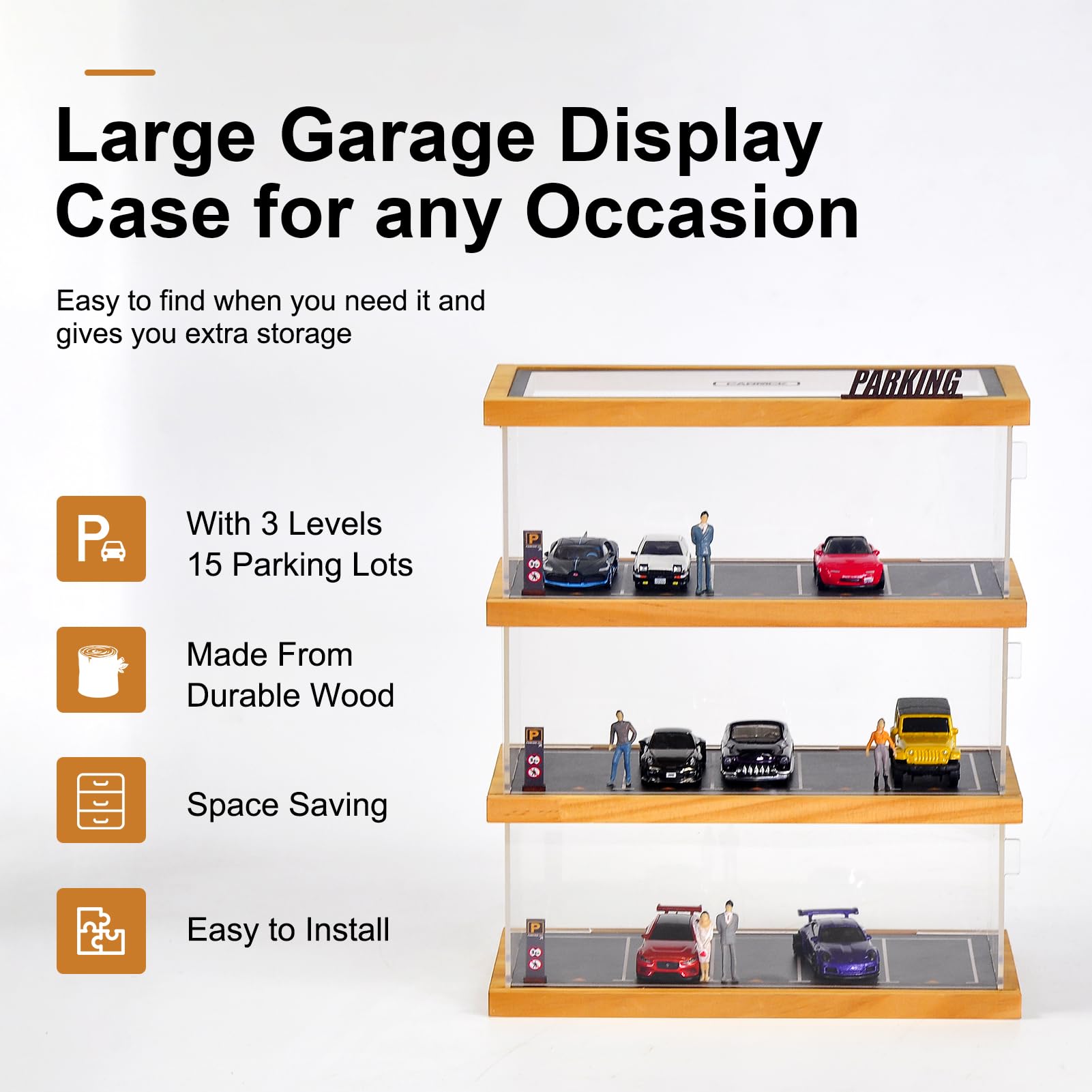 cxiiuui 1/64 Scale Display Case 3-Tiers Diecast Car Garage Display Case 15 Parking Space Model Car Show Case with Acrylic Cover