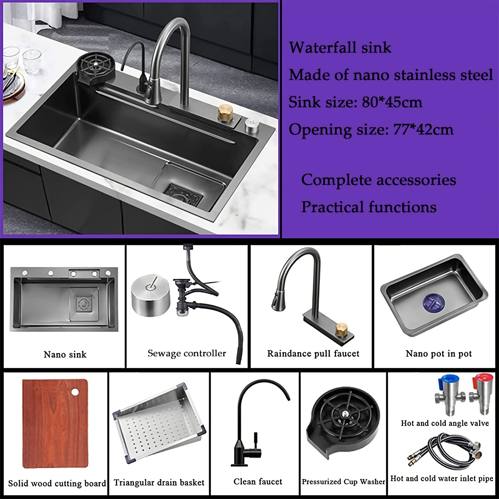 Kitchen Sink Black Stainless Steel Sink Washing, Draining and Cutting 3-in-1 Utility Sink Multi-functional Farmhouse sink with Kitchen Sink Accessories （31.5 * 17.7in）