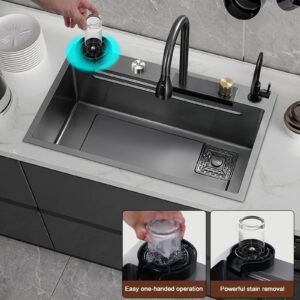 Kitchen Sink Black Stainless Steel Sink Washing, Draining and Cutting 3-in-1 Utility Sink Multi-functional Farmhouse sink with Kitchen Sink Accessories （31.5 * 17.7in）