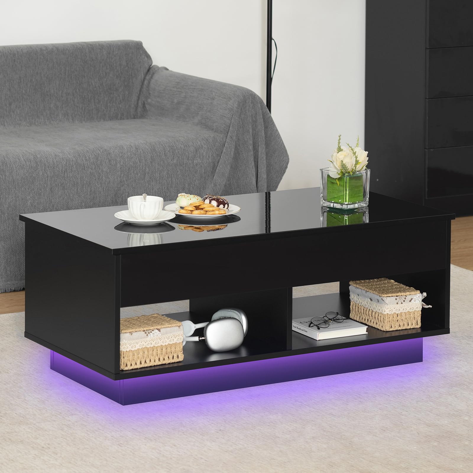 HOMMPA Lift Top Coffee Table with Hidden Storage LED Coffee Table Morden High Gloss Black Living Room 3 Tiers Modern Tea Table with Storage Center Tables Hidden Compartment & 2 Open Shelves