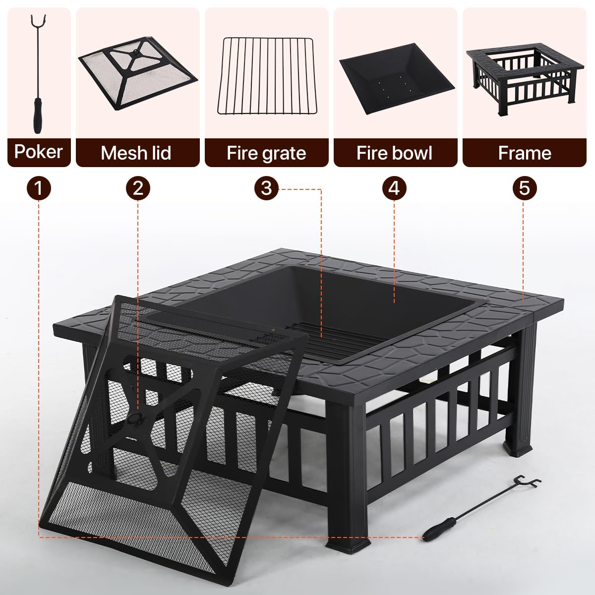 YRLLENSDAN 32 inch Fire Pit Table with Spark Screen Metal Outdoor Multiuse BBQ Firepit & Waterproof Mesh Cover for Camping Picnic, Wood Burning Heating