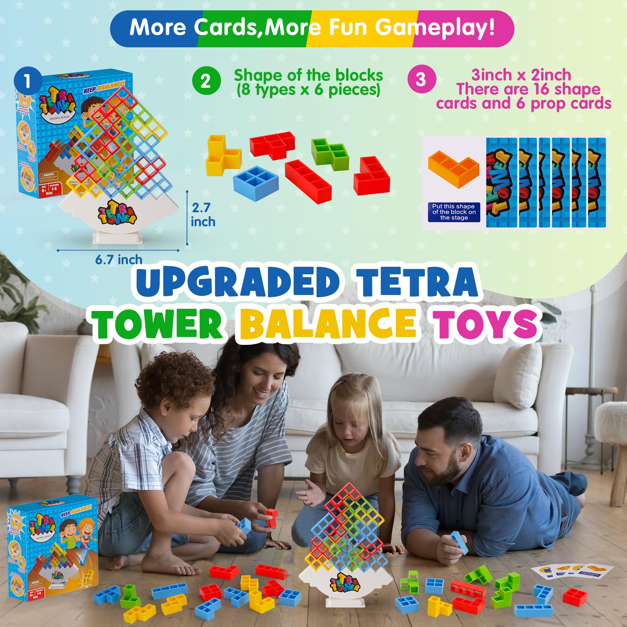 WOWNOVA 48PCS Tetra Tower, Fun Balance Stacking Building Blocks Board Game for Kids, Adults, Friends, Team, Classroom, Dorm, Family Game Night and Parties