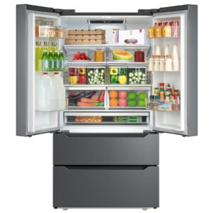 smeta french door kitchen refrigerators with ice maker, 22.5 cu.ft counter depth fridge for 36 inch double door with bottom freezer, stainless steel full size, side by side fridges neveras para cocina