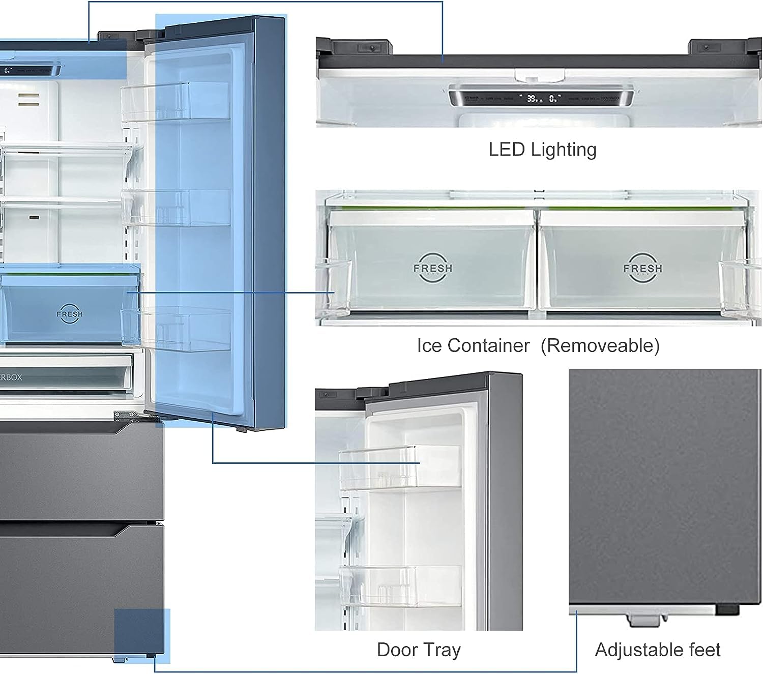 SMETA French Door Kitchen Refrigerators with Ice Maker, 22.5 Cu.Ft Counter Depth Fridge for 36 Inch Double Door with Bottom Freezer, Stainless Steel Full Size, Side by Side Fridges neveras para cocina