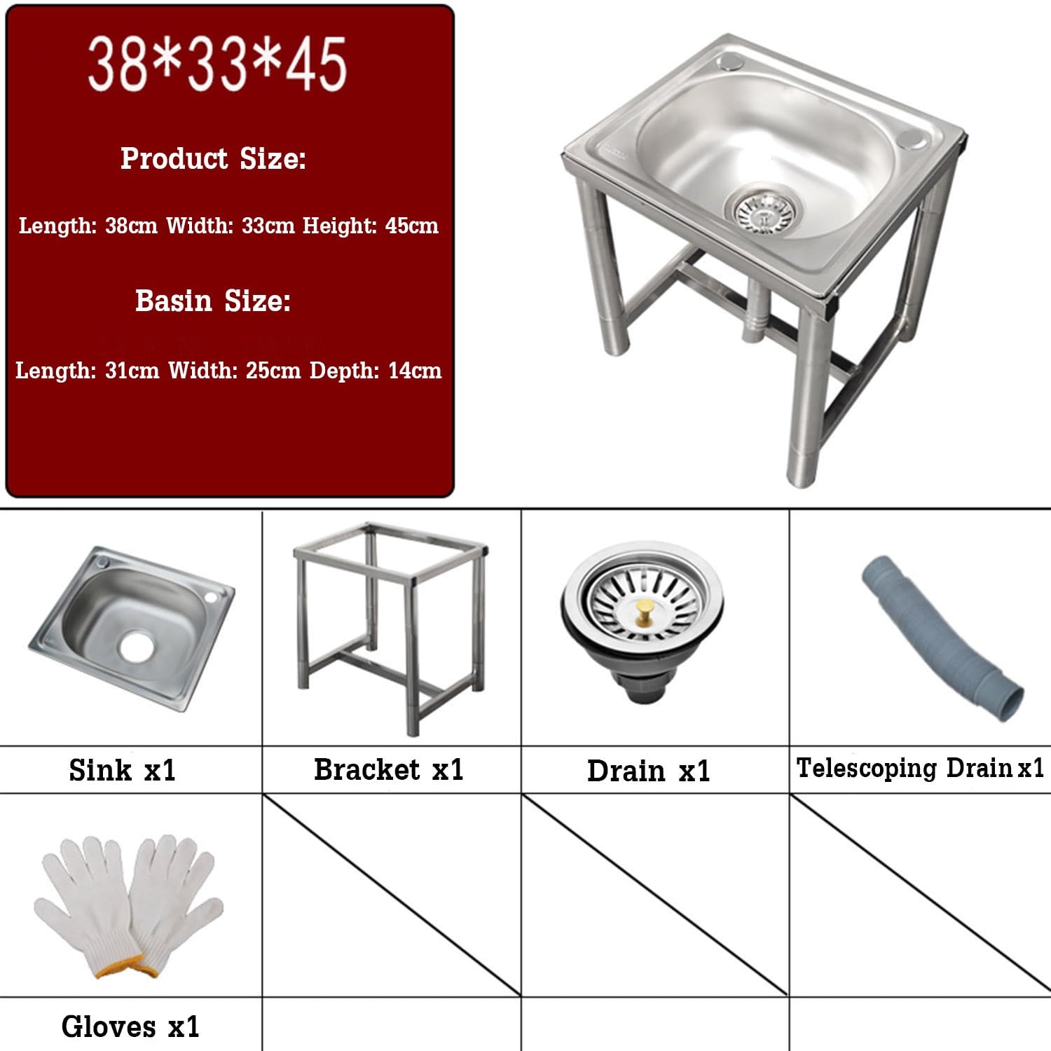 Stainless Steel Outdoor Sink, Single Bowl Utility Sink, Camping Sink, Laundry Sink, Free Standing Commercial Restaurant Sink Set, Easy to Clean (Size : 38x33x45cm/15x13x17.7in)