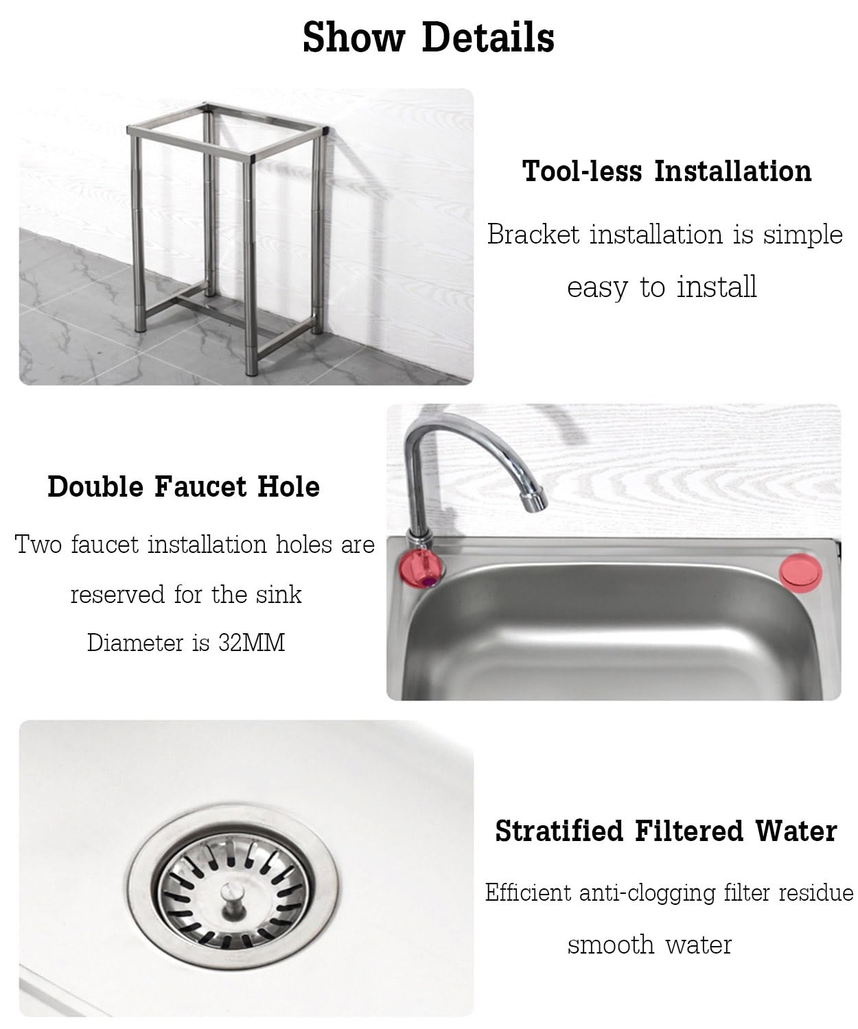 Stainless Steel Outdoor Sink, Single Bowl Utility Sink, Camping Sink, Laundry Sink, Free Standing Commercial Restaurant Sink Set, Easy to Clean (Size : 38x33x45cm/15x13x17.7in)