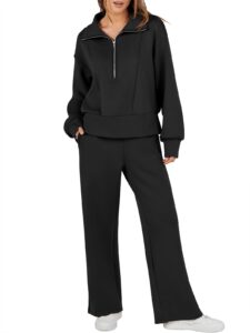 anrabess womens two piece outfits 2024 fall sweatsuit set half zip cropped sweatshirt wide leg sweatpant lounge set black medium