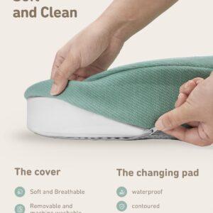 Contoured Changing Pad with Soft & Washable Cover, Waterproof Lining Foam Baby Changing Table Pads for Dresser Top, Secure with Security Strap and Two High Curved Sides, 32”×16”, Sage Green