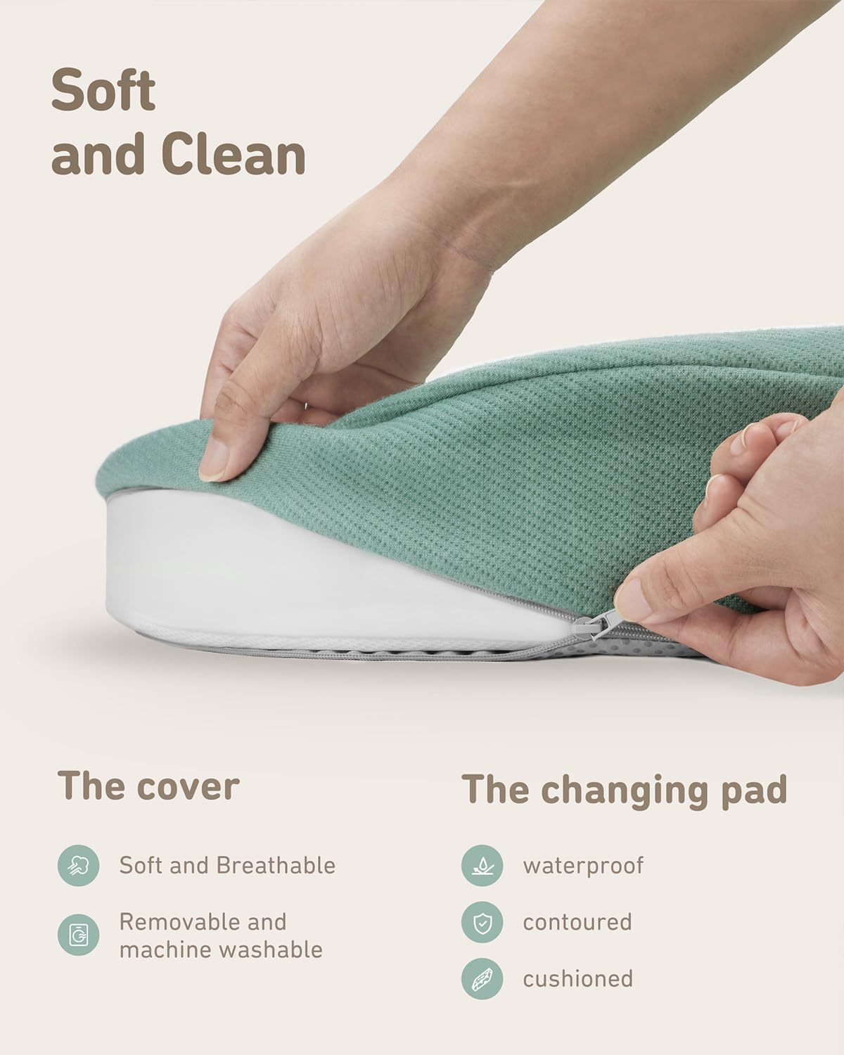 Contoured Changing Pad with Soft & Washable Cover, Waterproof Lining Foam Baby Changing Table Pads for Dresser Top, Secure with Security Strap and Two High Curved Sides, 32”×16”, Sage Green