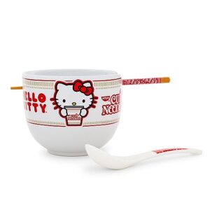 silver buffalo sanrio hello kitty x nissin 20-ounce ramen bowl with chopsticks and spoon