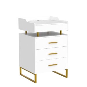 BTHFST LED Nightstand with Charging Station, Large Night Stand with 3 Drawers and 1 Pull-Out Tray, Modern Bedside Table with LED Lights, End Side Table with Storage, White and Gold