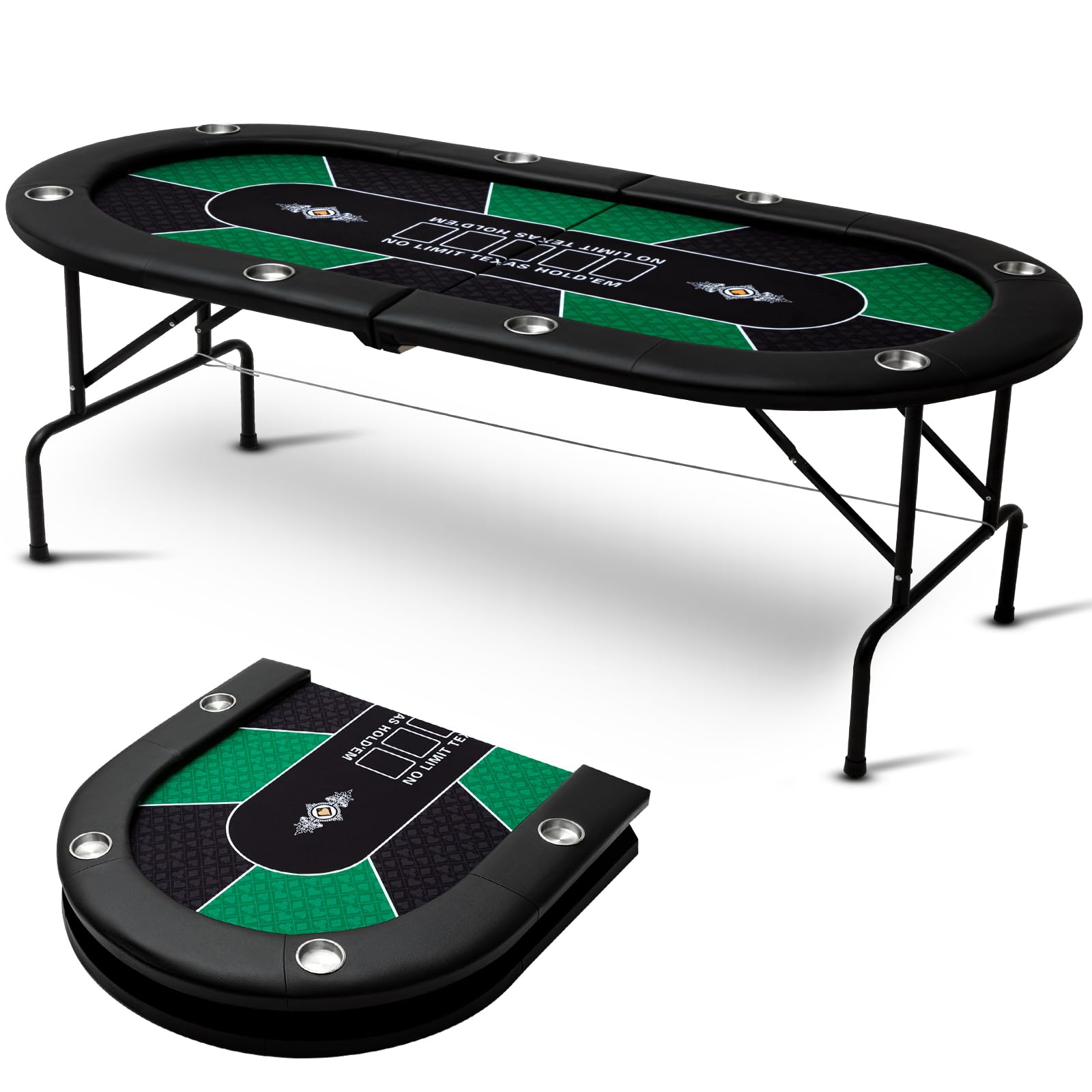 Lemosae Foldable Poker Table, Portable Blackjack Table 8-10 Player Folding Texas Card Game Table with Cup Holders for Casino, Play Cards, Poker Games, Green (Oval Style,71 Inch)