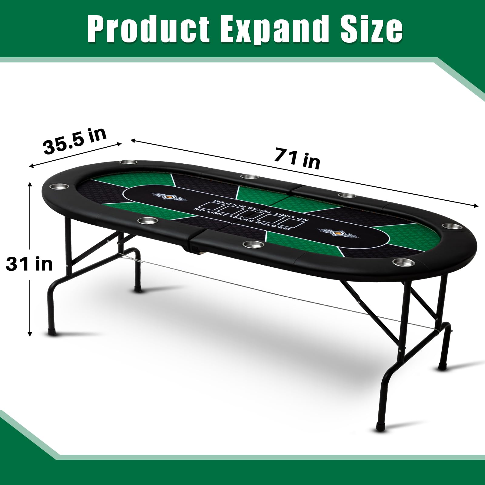 Lemosae Foldable Poker Table, Portable Blackjack Table 8-10 Player Folding Texas Card Game Table with Cup Holders for Casino, Play Cards, Poker Games, Green (Oval Style,71 Inch)