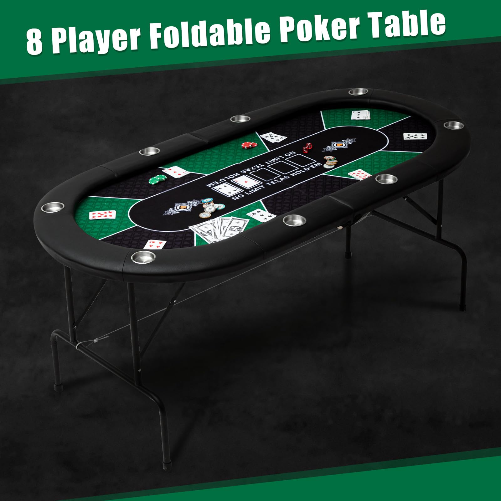 Lemosae Foldable Poker Table, Portable Blackjack Table 8-10 Player Folding Texas Card Game Table with Cup Holders for Casino, Play Cards, Poker Games, Green (Oval Style,71 Inch)