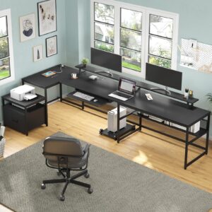 sedeta u shaped desk, reversible l shaped home office desk with file drawer & power outlet, 101.5'' computer two person desk with monitor shelf, keyboard tray, gaming desk, black