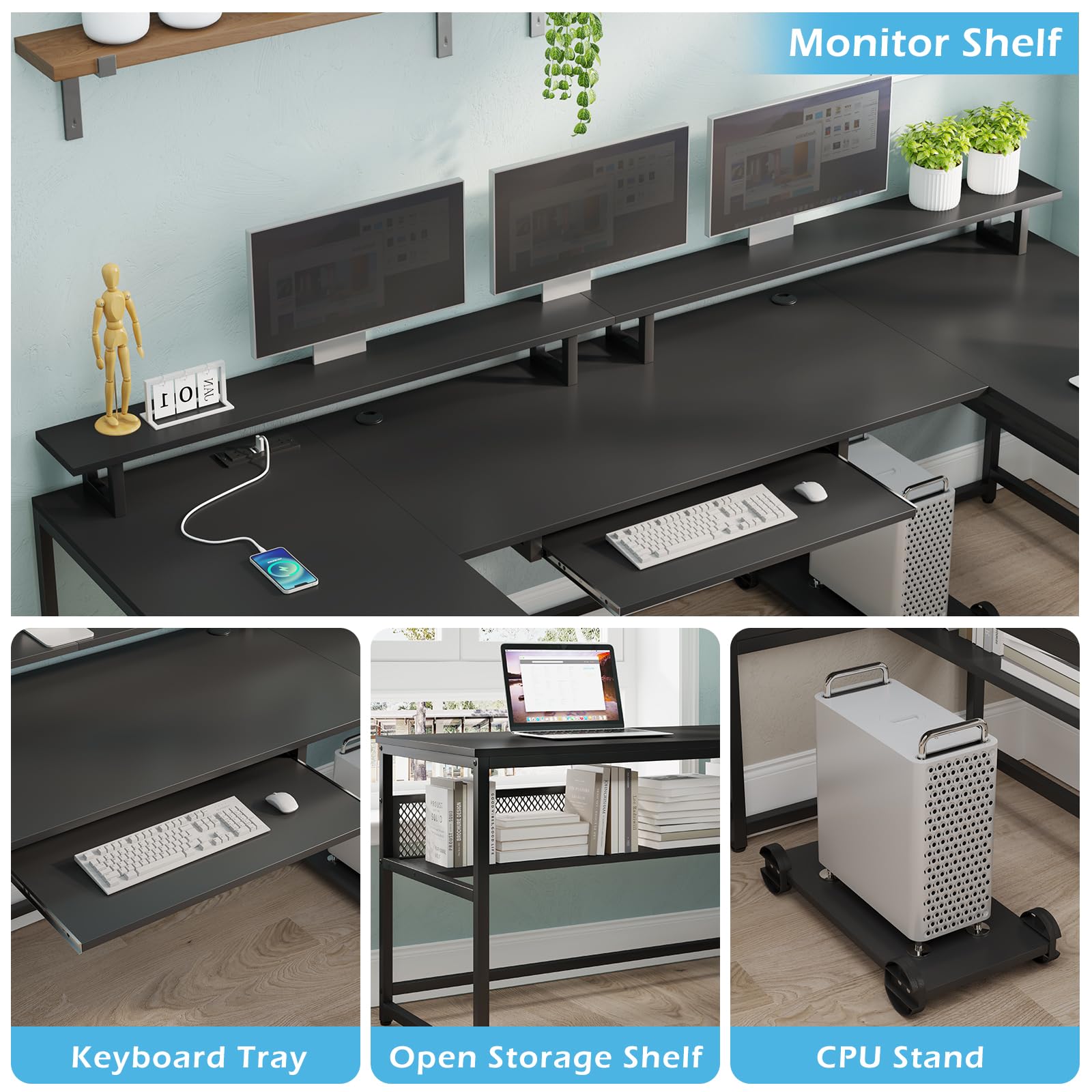 SEDETA U Shaped Desk, Reversible L Shaped Home Office Desk with File Drawer & Power Outlet, 101.5'' Computer Two Person Desk with Monitor Shelf, Keyboard Tray, Gaming Desk, Black