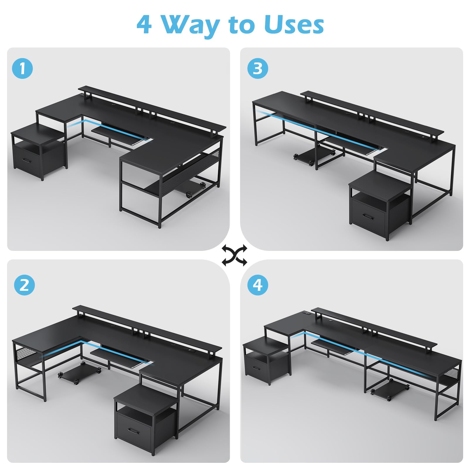 SEDETA U Shaped Desk, Reversible L Shaped Home Office Desk with File Drawer & Power Outlet, 101.5'' Computer Two Person Desk with Monitor Shelf, Keyboard Tray, Gaming Desk, Black