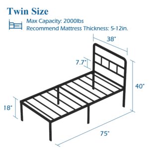 DiaOutro Twin Bed Frames with Headboard 18 Inch, Metal Platform No Box Spring Needed Heavy Duty Steel Slat Mattress Foundation/Easy Assembly/Noise Free/Black