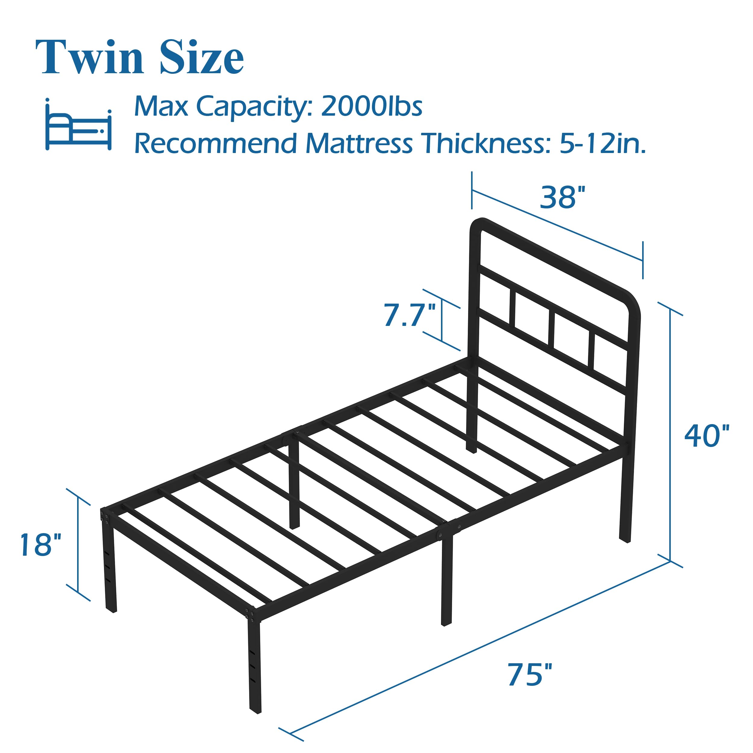 DiaOutro Twin Bed Frames with Headboard 18 Inch, Metal Platform No Box Spring Needed Heavy Duty Steel Slat Mattress Foundation/Easy Assembly/Noise Free/Black