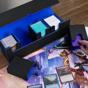 UAONO Card Storage Box with Dice Tray for MTG Yugioh, 5 in 1 Card Deck Case Holds 900+ Unsleeved Cards, Strong Magnet Card Organizer for Magic Commander TCG CCG Sports Cards (Black&Blue)