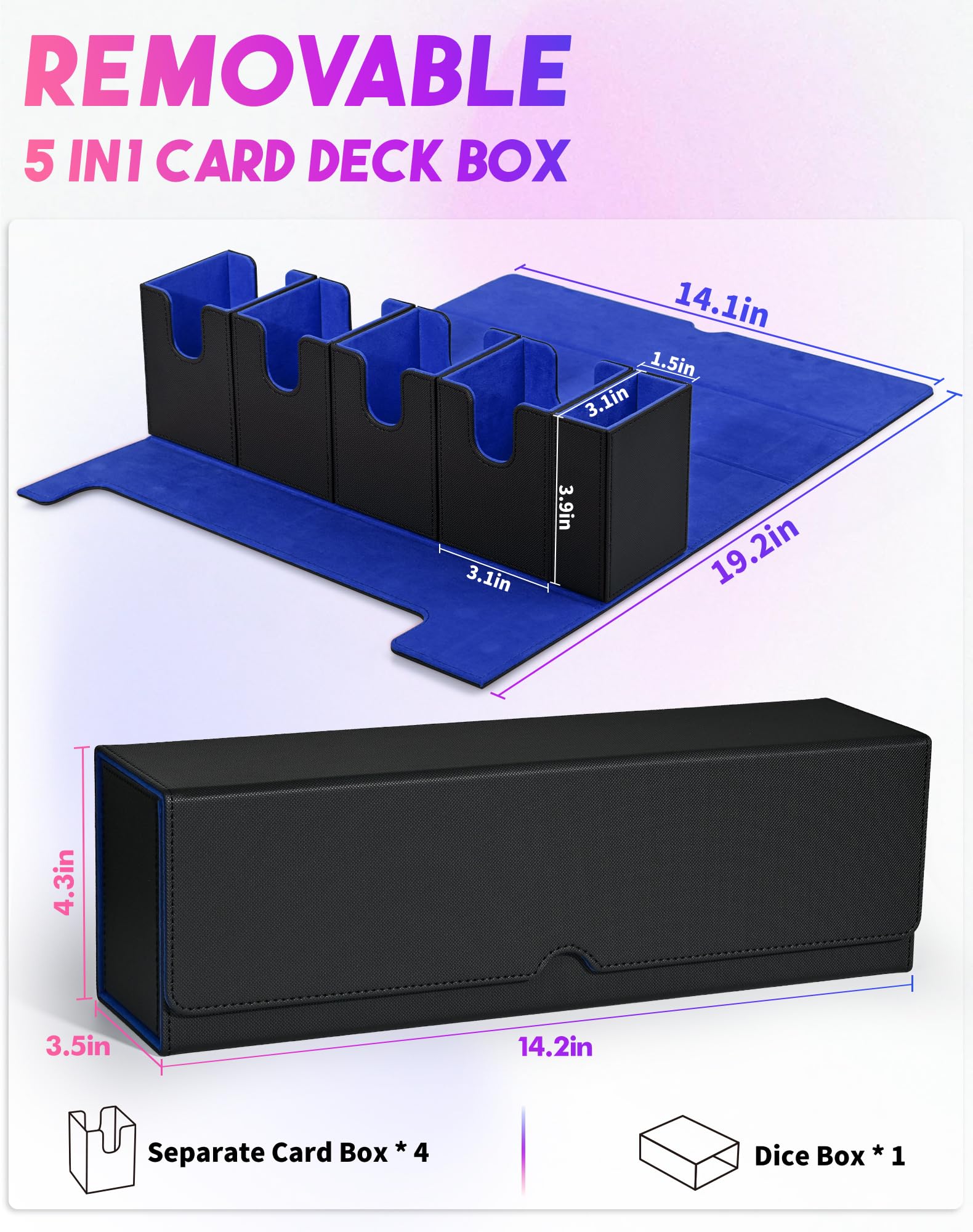 UAONO Card Storage Box with Dice Tray for MTG Yugioh, 5 in 1 Card Deck Case Holds 900+ Unsleeved Cards, Strong Magnet Card Organizer for Magic Commander TCG CCG Sports Cards (Black&Blue)