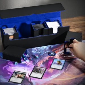 UAONO Card Storage Box with Dice Tray for MTG Yugioh, 5 in 1 Card Deck Case Holds 900+ Unsleeved Cards, Strong Magnet Card Organizer for Magic Commander TCG CCG Sports Cards (Black&Blue)