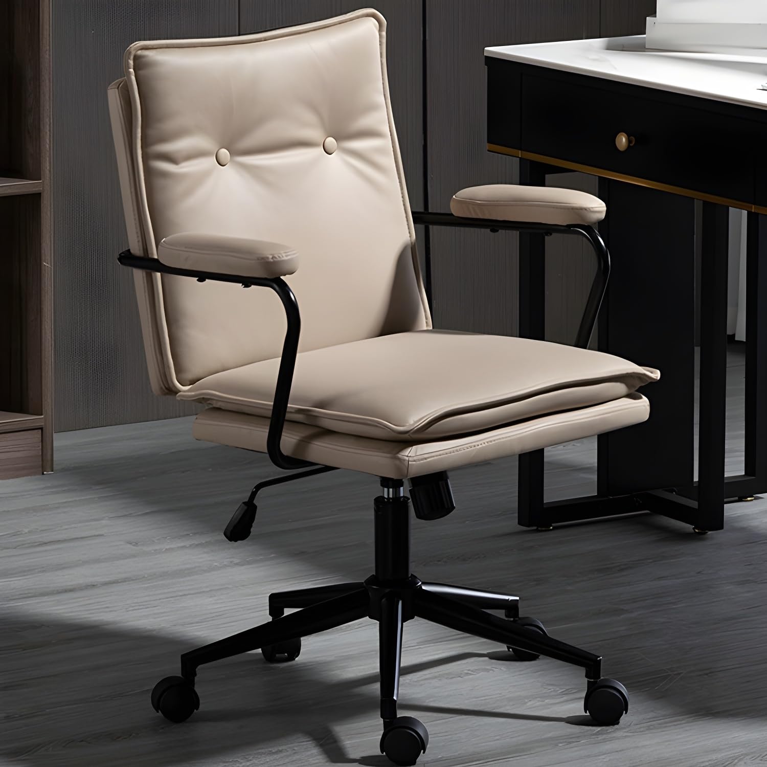 LITFAD Swivel Computer Desk Chair with Padded Arms Black Frame Modern Office Chair Leather Home Office Desk Chair - Off-White