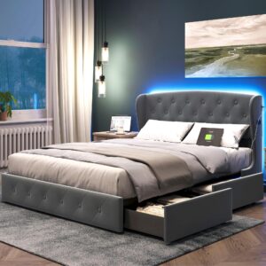 linsy upholstered queen bed frame with 4 drawers, rgb lights, fast charger and headboard - no box spring needed, dark grey