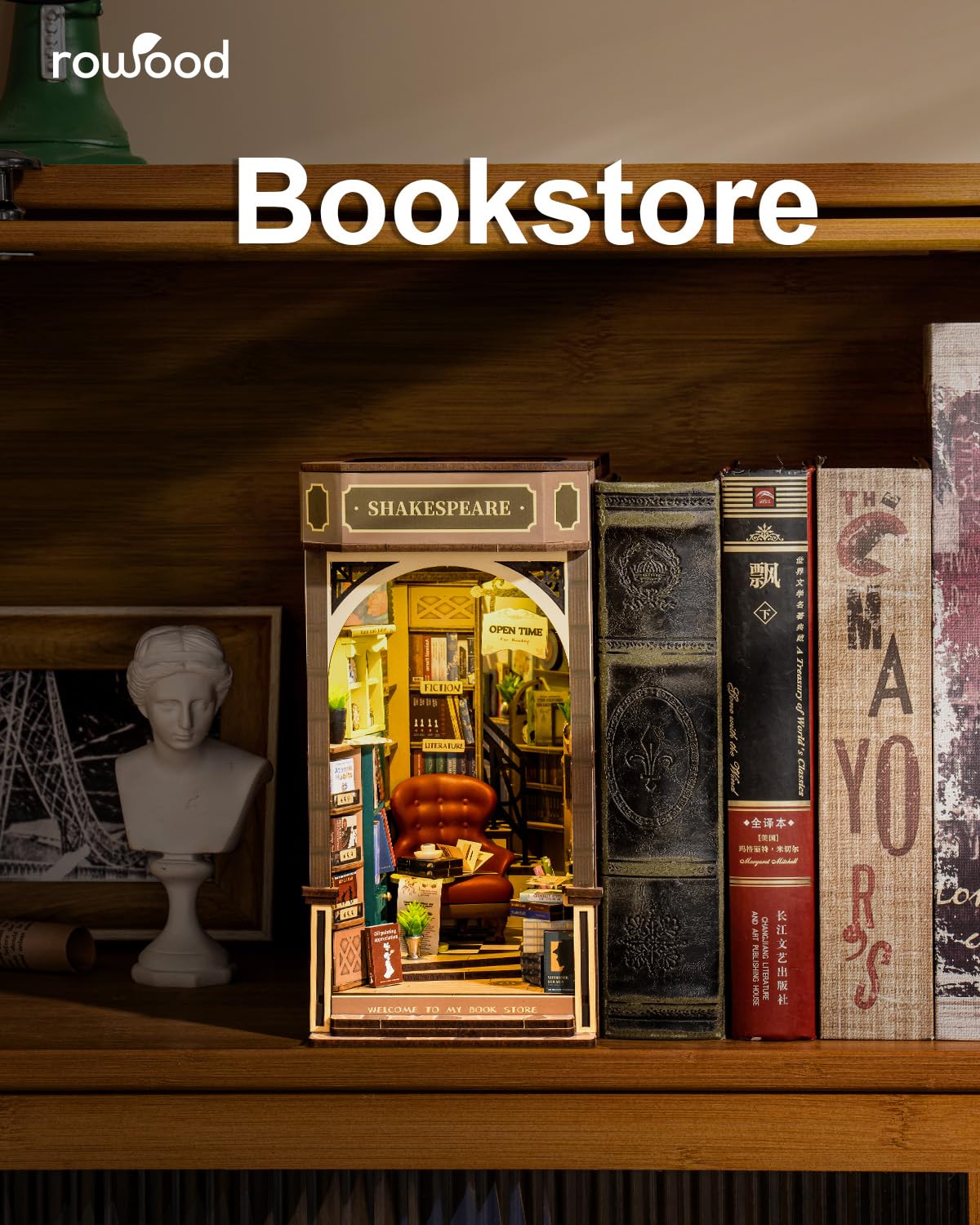 rowood Book Nook,DIY Book Nook Kits for Adults,3D Wooden Puzzle Bookend Miniature Kit,Bookshelf Insert Decor Alley,Wood Craft Hobbies for Women/Men,Birthday Christmas Gifts-Bookstore