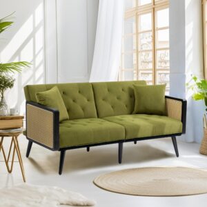 dolonm 62 inch velvet sofa with rattan armrests and 2 pillows, loveseat sofa with metal feet, modern convertible futon couch, multi-functional sofa bed, accent sofa for living room, olive green