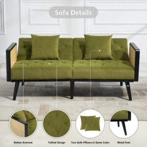 Dolonm 62 Inch Velvet Sofa with Rattan Armrests and 2 Pillows, Loveseat Sofa with Metal Feet, Modern Convertible Futon Couch, Multi-Functional Sofa Bed, Accent Sofa for Living Room, Olive Green