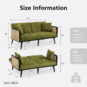 Dolonm 62 Inch Velvet Sofa with Rattan Armrests and 2 Pillows, Loveseat Sofa with Metal Feet, Modern Convertible Futon Couch, Multi-Functional Sofa Bed, Accent Sofa for Living Room, Olive Green