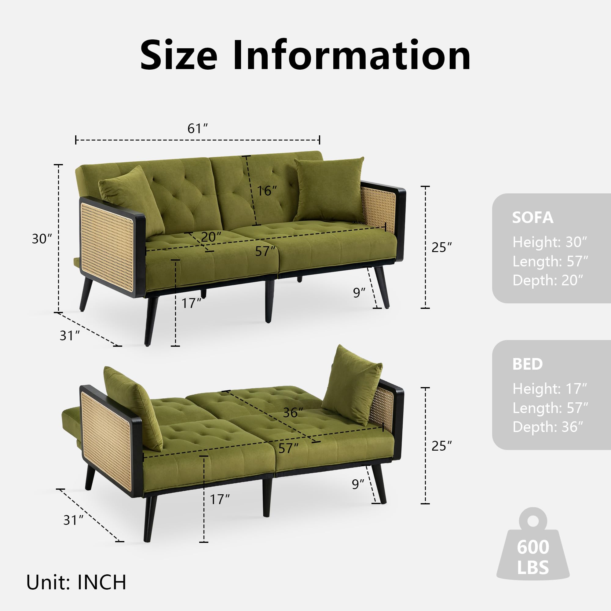 Dolonm 62 Inch Velvet Sofa with Rattan Armrests and 2 Pillows, Loveseat Sofa with Metal Feet, Modern Convertible Futon Couch, Multi-Functional Sofa Bed, Accent Sofa for Living Room, Olive Green