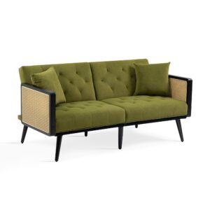 Dolonm 62 Inch Velvet Sofa with Rattan Armrests and 2 Pillows, Loveseat Sofa with Metal Feet, Modern Convertible Futon Couch, Multi-Functional Sofa Bed, Accent Sofa for Living Room, Olive Green