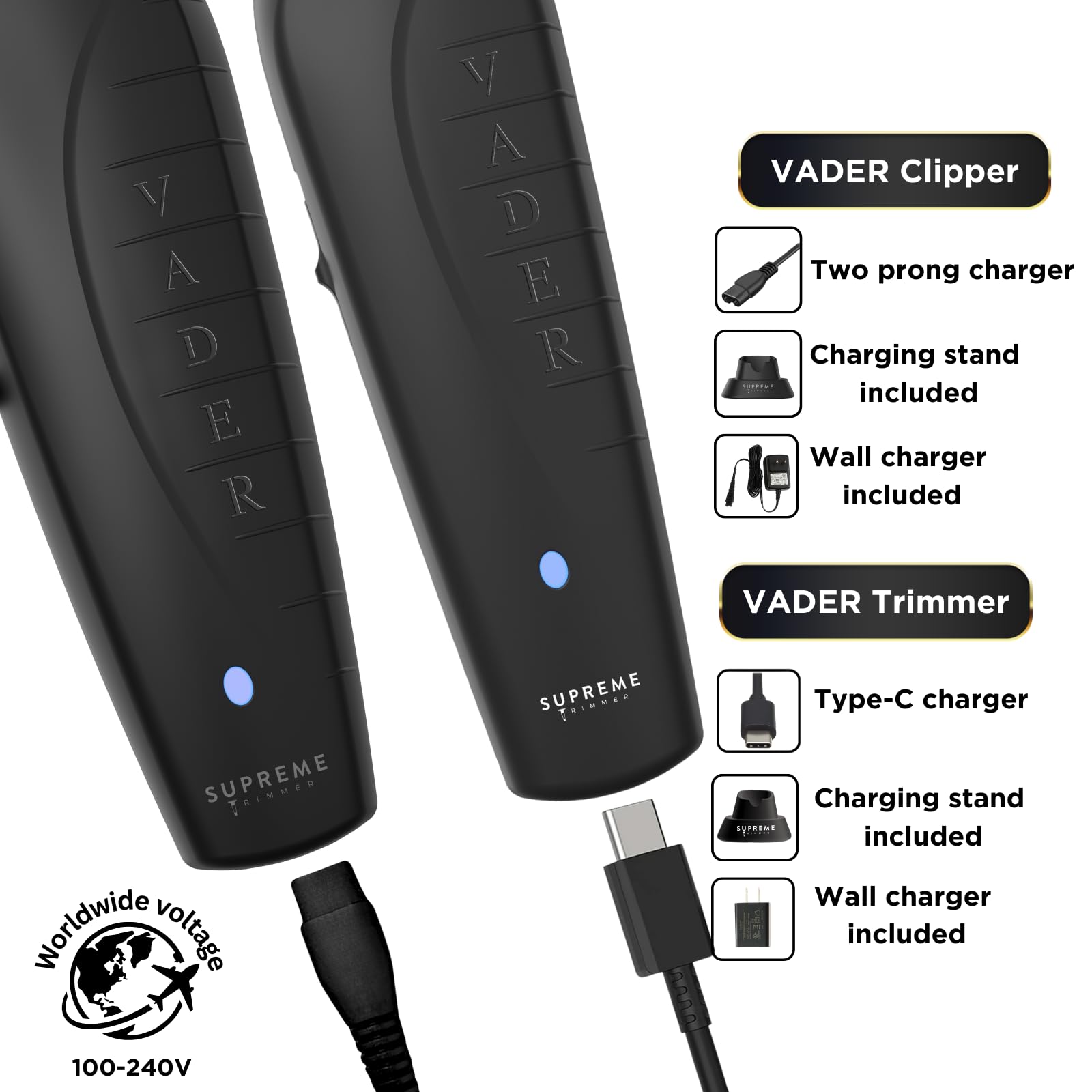 Supreme Trimmer 2-in-1 Vader Clipper & Trimmer Kit | Cordless Beard Trimmer & Mens Clippers Set for Barbers or Home | with DLC Coated Blades | Black