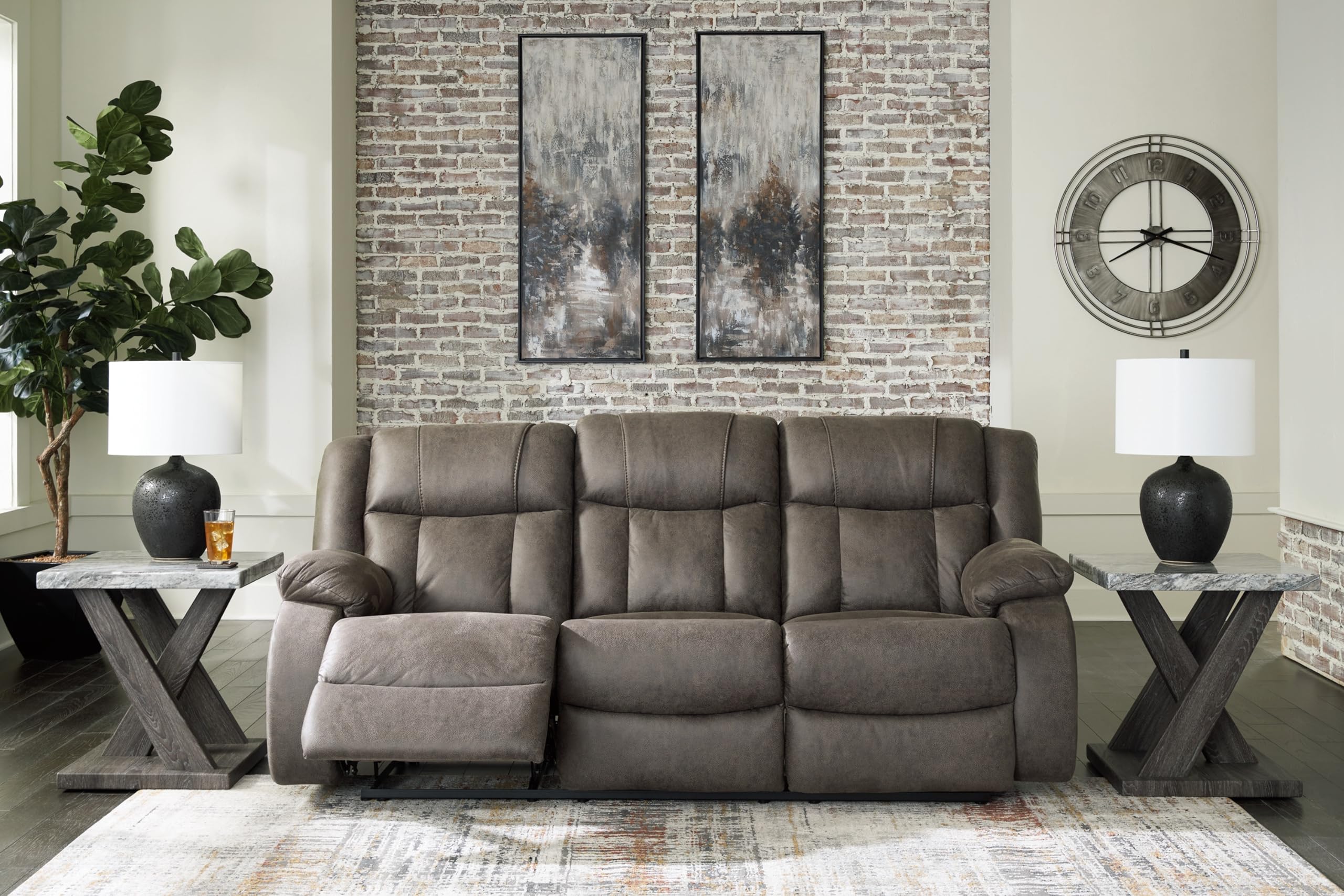 Signature Design by Ashley First Base Contemporary Faux Leather Manual Reclining Sofa, Gray