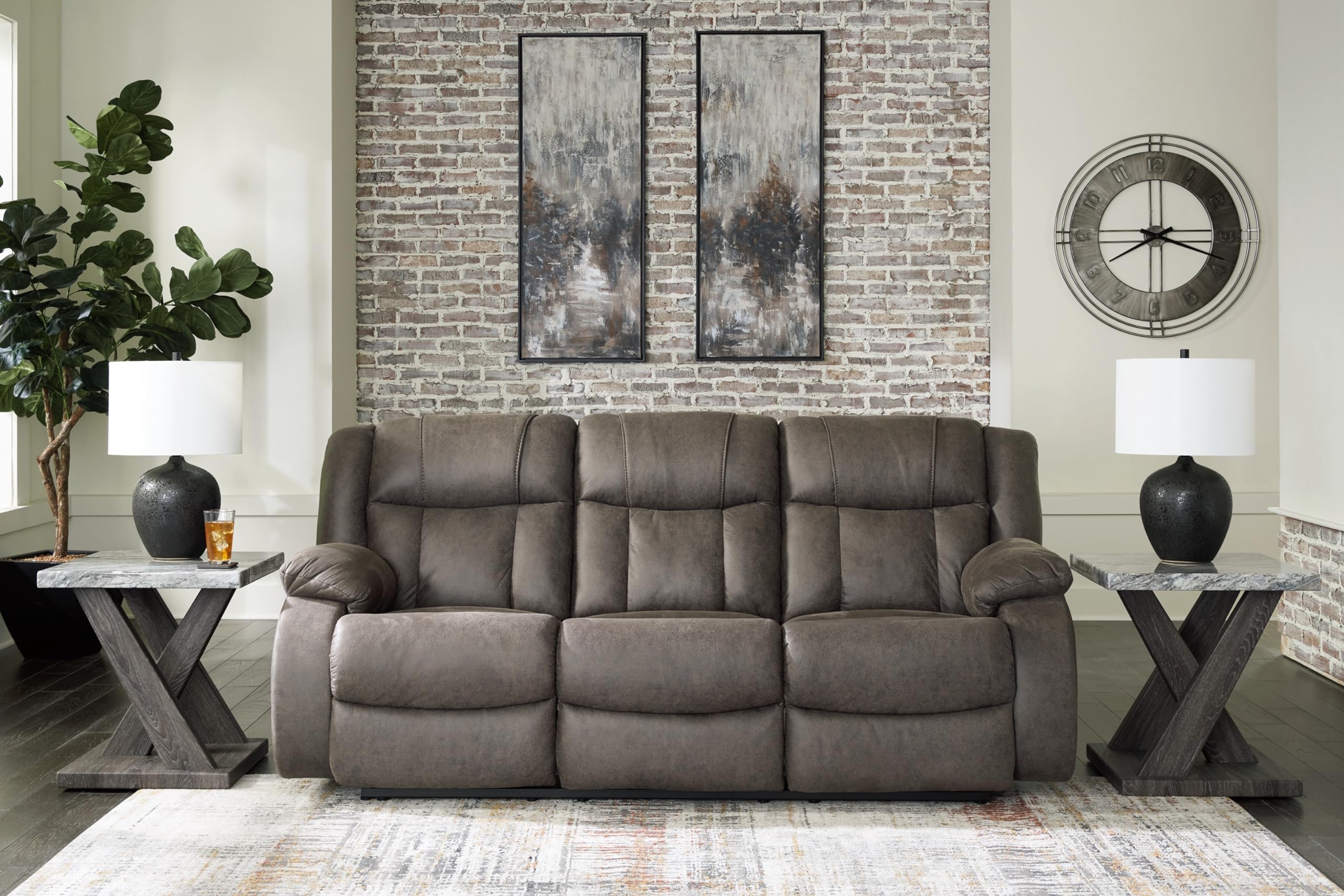 Signature Design by Ashley First Base Contemporary Faux Leather Manual Reclining Sofa, Gray