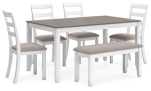 signature design by ashley stonehollow modern farmhouse dining table with upholstered chairs and bench, set of 6, white & gray