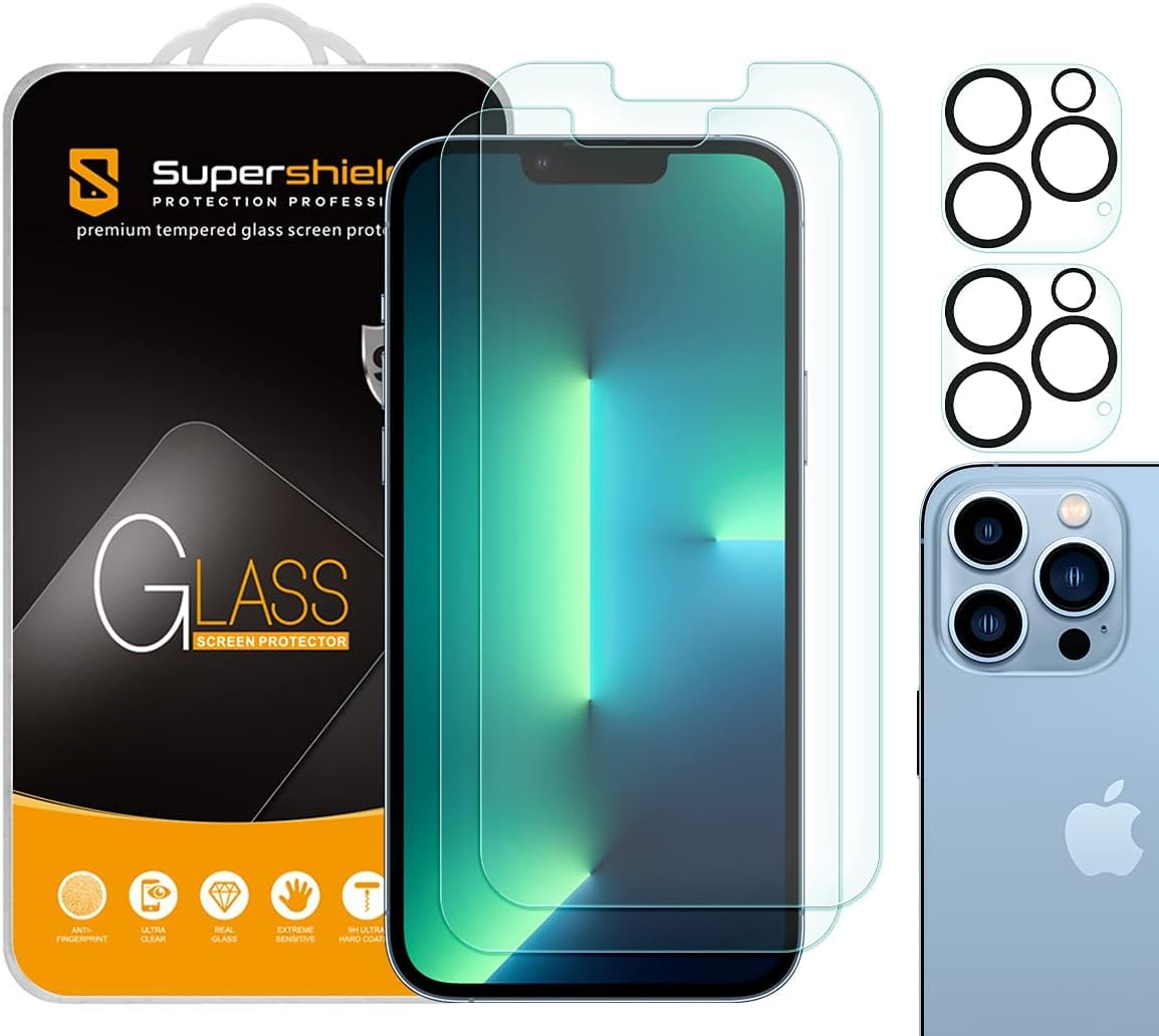 Supershieldz (2 Pack) Designed for iPhone 13 Pro Max (6.7 inch) + Camera Lens Tempered Glass Screen Protector, 0.33mm, Anti Scratch, Bubble Free