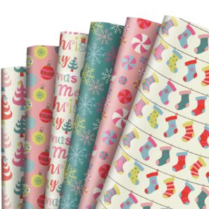 anydesign 12 sheet christmas wrapping paper pink blue xmas tree snowflake candy cane gift wrap paper bulk winter decorative art paper for birthday baby shower, folded flat, 19.7 x 27.6 inch