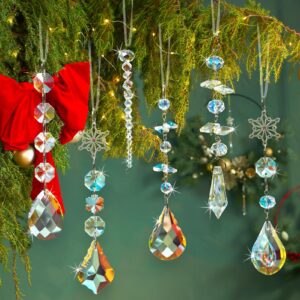 guasslee christmas crystal prism ornaments for christmas tree - 6pcs iridescent teardrop crystal glass sun catcher for christmas decorations indoor tree birthday party decor