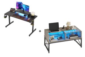 bestie gaming room set 42 inch led small gaming desk with monitor stand bundle with led coffee tables for living room,