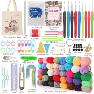 XSEINO Crochet Kit with Crochet Hooks Yarn Set - Premium Bundle includes 40 Colors Crochet Yarn Balls, Crochet Kit, Accessories Kit, Crochet Bag and Lot More - Starter Pack for Kids Adults