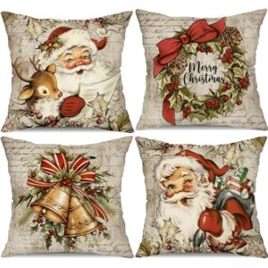 dfxsz christmas pillow covers 18x18 inch set of 4 santa claus reindeer decorative vintage throw pillow covers winter retro farmhouse decoration for home couch bthz-140b18