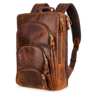 fshsup full grain leather backpack 15.6" laptop bag men's vintage genuine leather business backpack travel hiking camping rucksack overnight weekender daypack